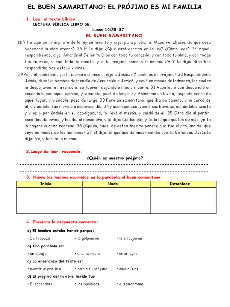 Ficha-Relig-El Buen Samaritano El Prójimo Es Mi Familia | PDF
