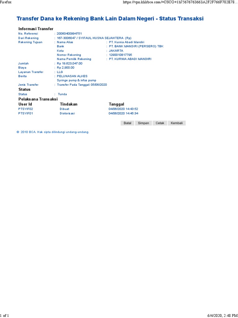Status Transfer Dana LLG ke Bank Mandiri | PDF