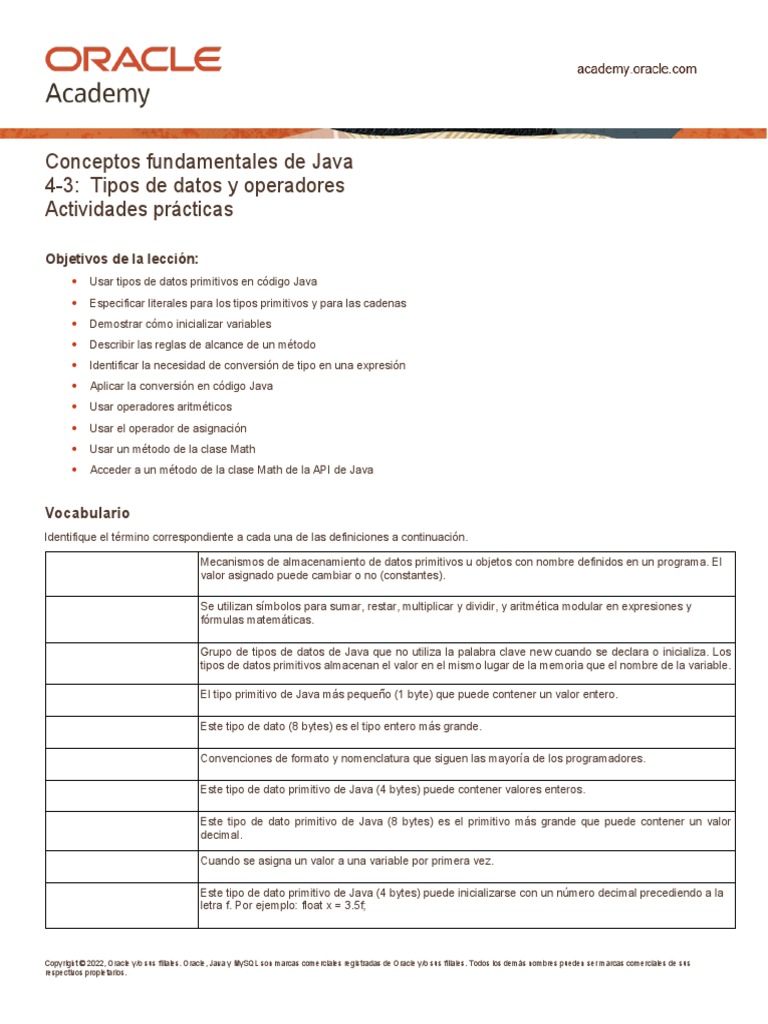 JF 4 3 Practice Esp | PDF | Java (lenguaje de programación) | Tipo de datos