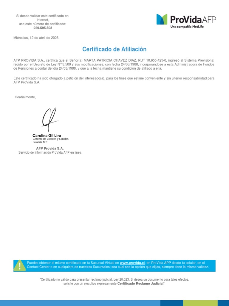 Certificado de Afiliación: Servicio de Información Provida Afp en Línea | PDF