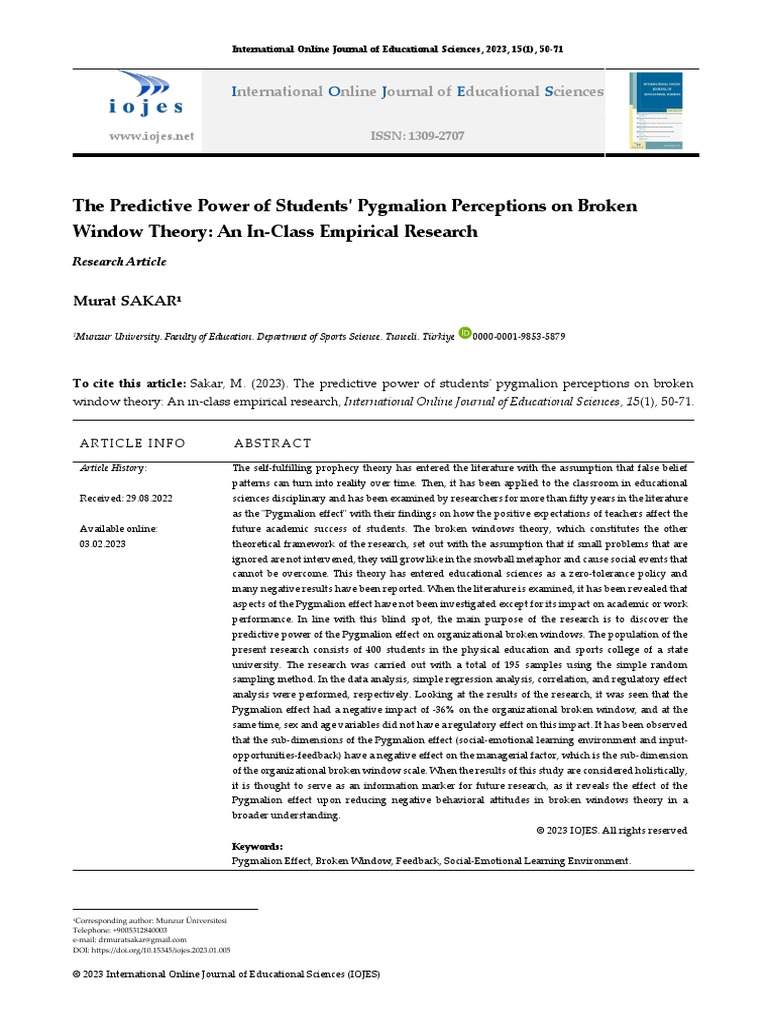The Predictive Power of Students Pygmalion Perceptions | PDF ...