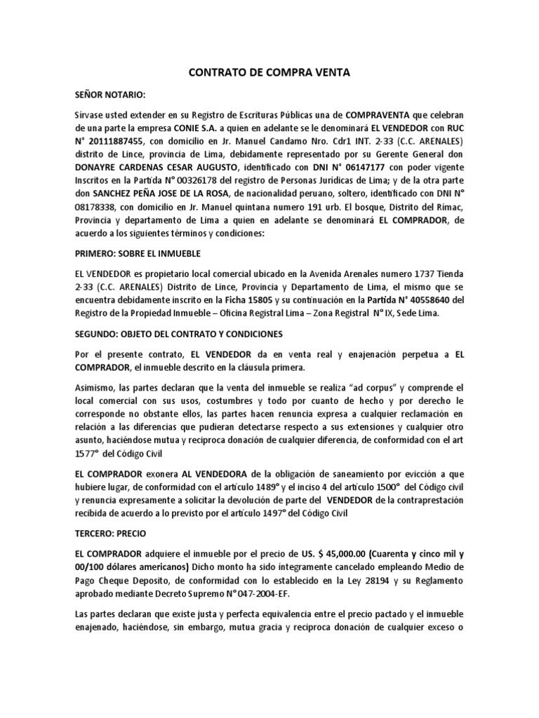 CONTRATO DE COMPRA VENTA de Local Comercial (Conie SA) | PDF | Justicia ...