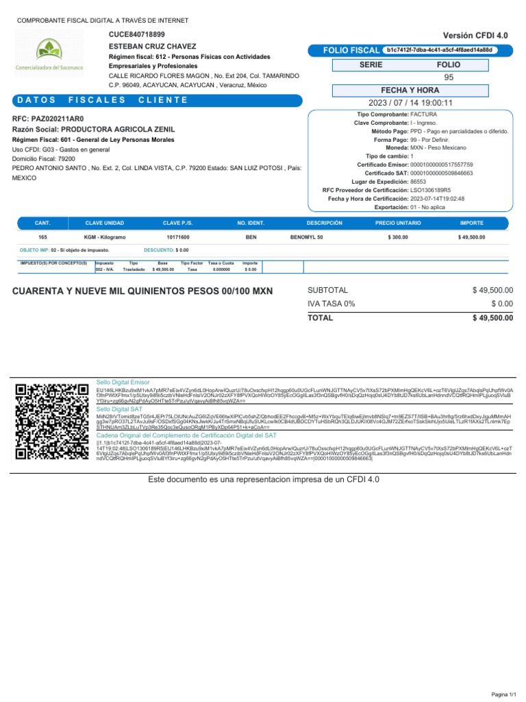 Folio Fiscal: Cuarenta Y Nueve Mil Quinientos Pesos 00/100 MXN | PDF ...