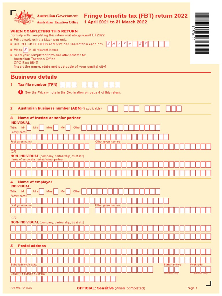 FBT Return Form 2022 n1067 | PDF | Taxes | Government Finances