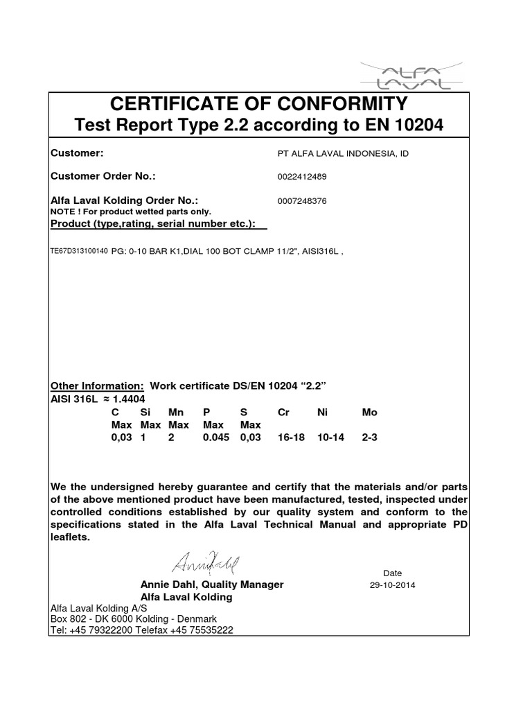 Certificate of Conformity 2.2 EN 10204 | PDF | Computers | Technology ...