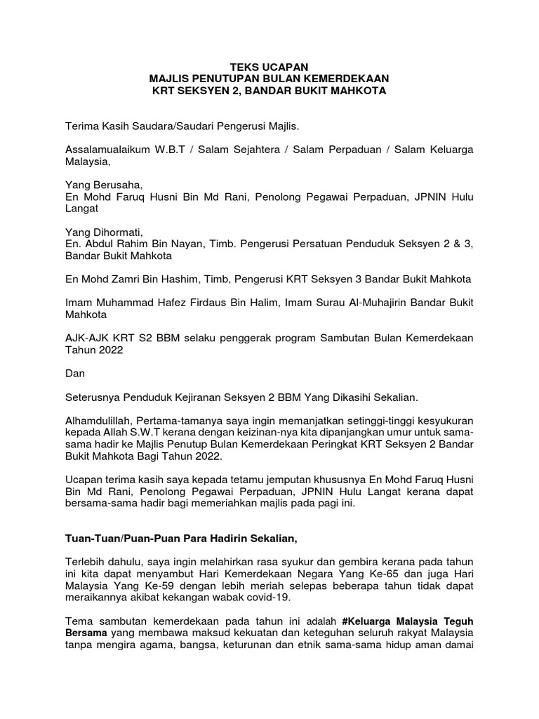 Teks Ucapan Penutupan Bulan Kemerdekaan 2022 | PDF