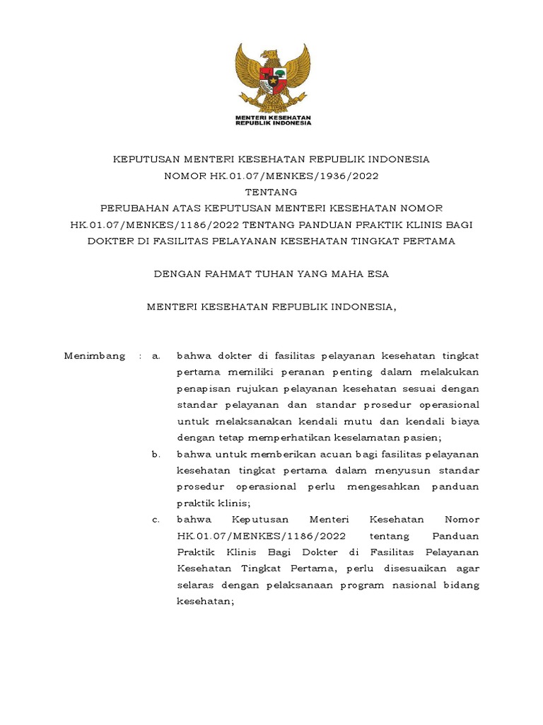 Kepmenkes HK 01 07 Menkes 1936 2022 | PDF