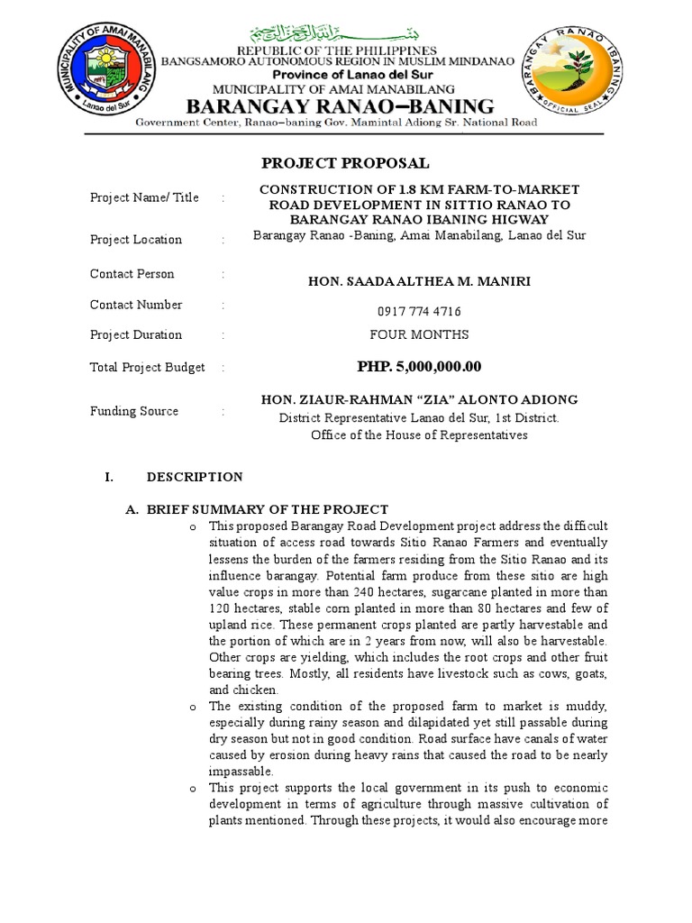 Project Proposal For Farm To Market Road in Barangay Ranao-Baning | PDF ...