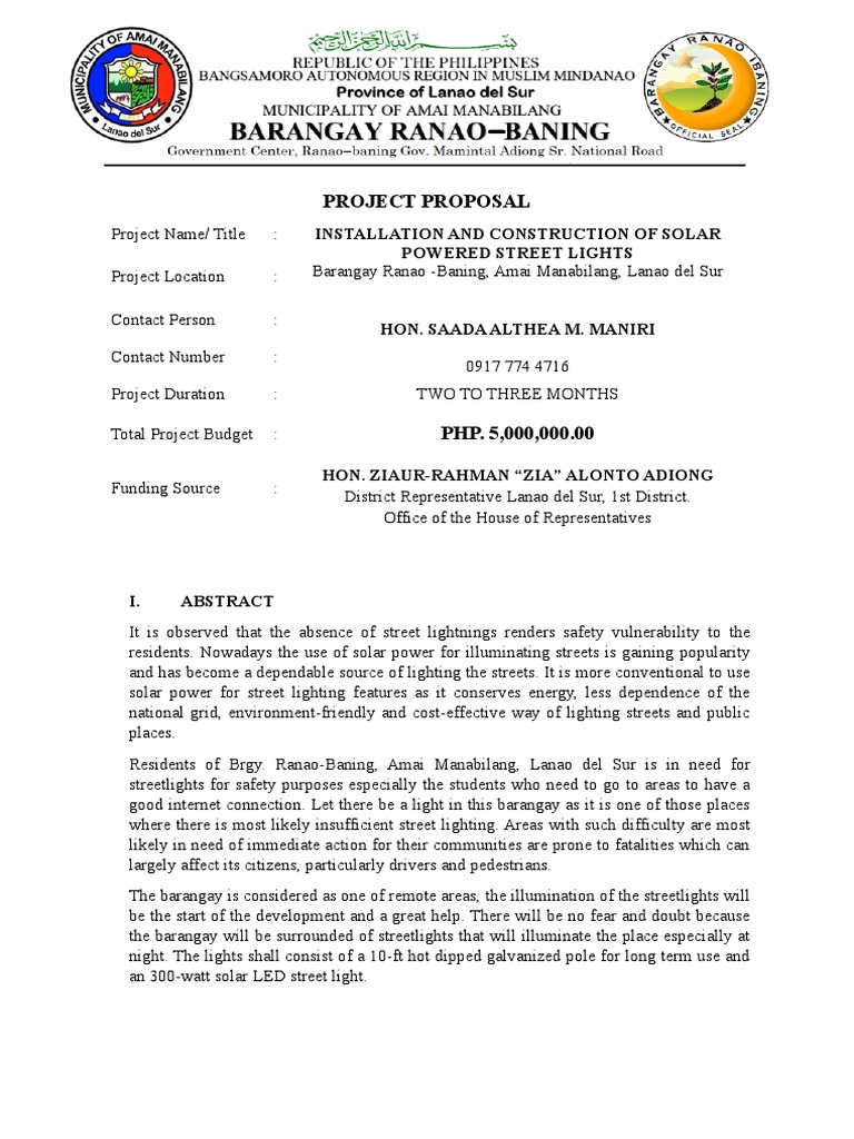 Project Proposal For Solar Streetlights in Barangay Ranao-Baning | PDF ...