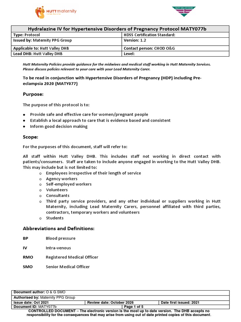 Hydralazine IV For Hypertensive Disorders of Pregnancy Protocol (2021 ...