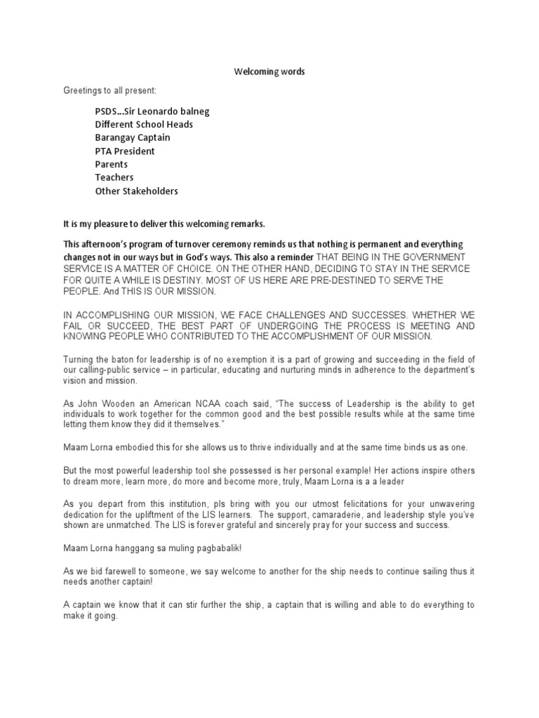 Welcoming Words For Turn Over Ceremony | PDF