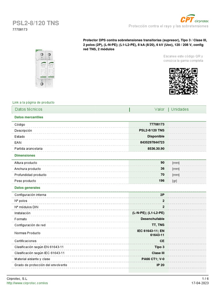 CPT Cirprotec PSL2 8 120 TNS 77708173 | PDF | Ingenieria Eléctrica ...