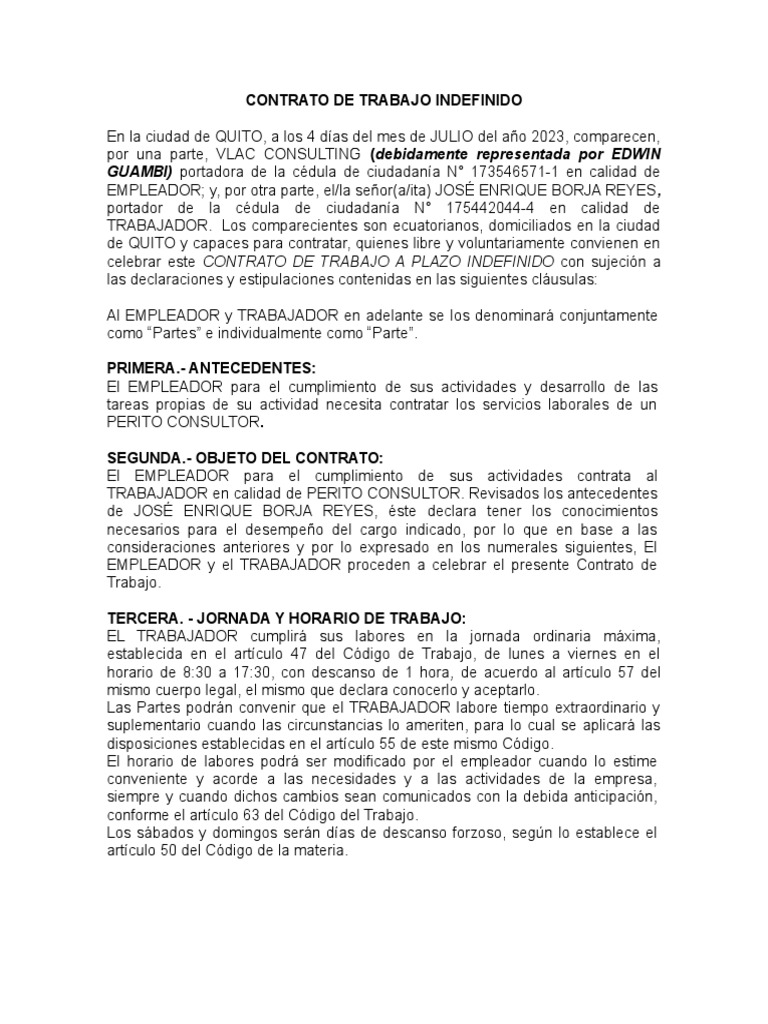 Ejemplo Contrato de Trabajo Indefinido | PDF | Salario | Justicia