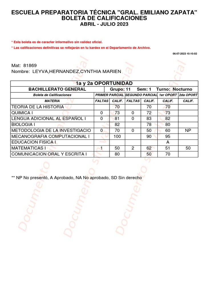 Escuela Preparatoria Técnica "Gral. Emiliano Zapata" Boleta de ...