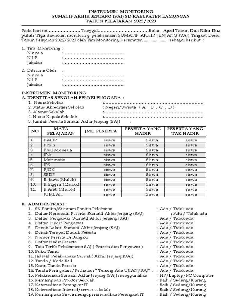 INSTRUMEN MONITORING SAJ 2022-2023 New OK | PDF