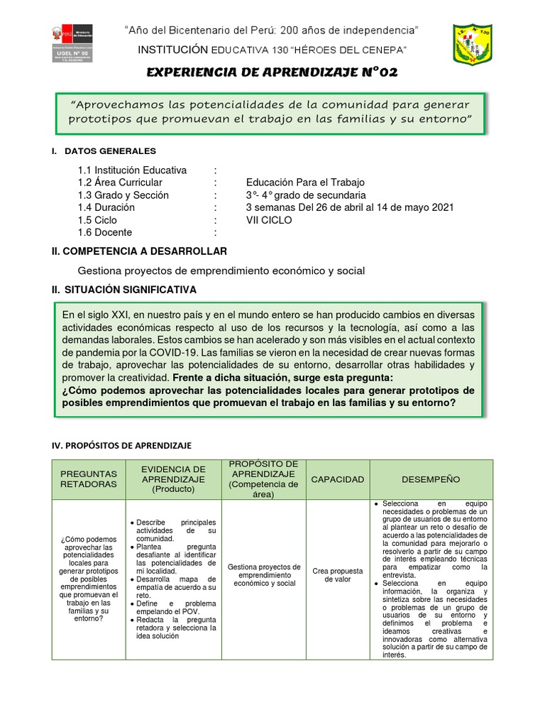 EXPERIENCIA DE APRENDIZAJE 2 EPT 3° y 4° Grado | PDF | Evaluación | Iniciativa empresarial