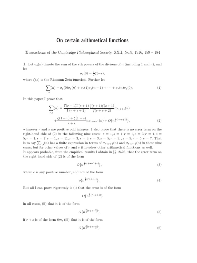 Ramanujan On Certain Arithmetical Functions | PDF | Complex Analysis ... Ramanujan On Certain Arithmetical Functions | PDF | Complex Analysis ...