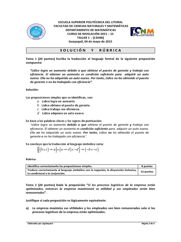 SMat Taller 113 H00 SOLUCIONy RUBRICA | PDF | Proposición | Expresiones lógicas