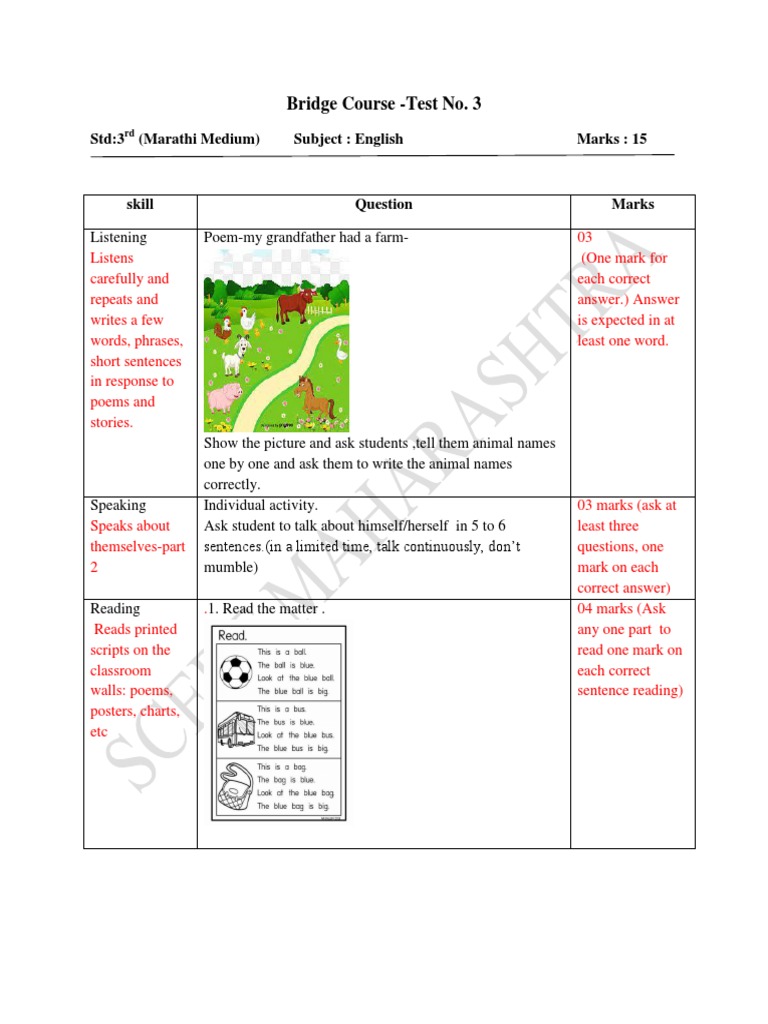 STD 3 RD Test 3 English Bridge Course | PDF | Reading Comprehension ...