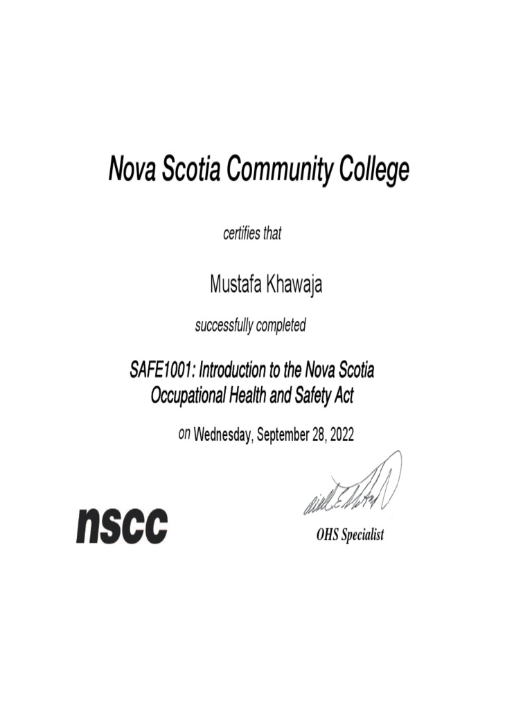 OHS Certificate of Completion - SAFE10011708Introduction To NS OH&S Act ...