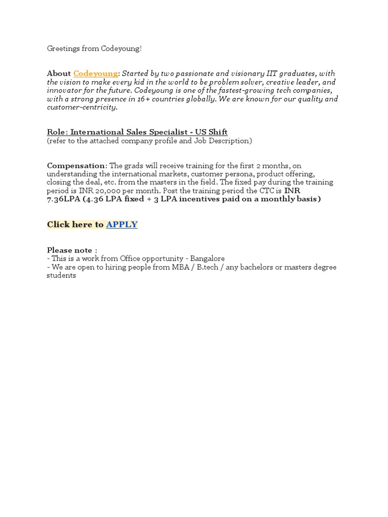 International Sales Specialist Role at Codeyoung | PDF