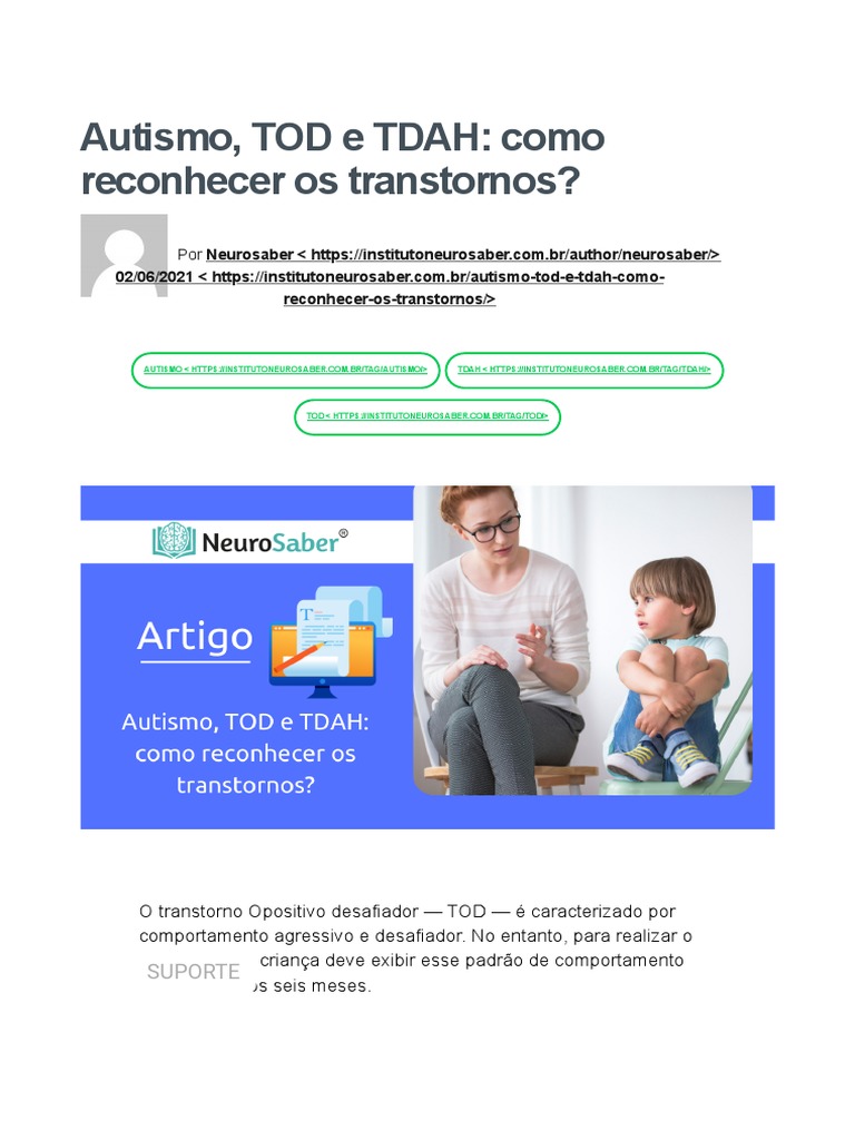 Autismo, TOD e TDAH - Como Reconhecer Os Transtornos - Instituto NeuroSaber | PDF | Transtorno ...