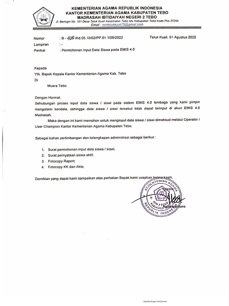 MIN 2tebo Surat Permohonan Input Data Siswa | PDF