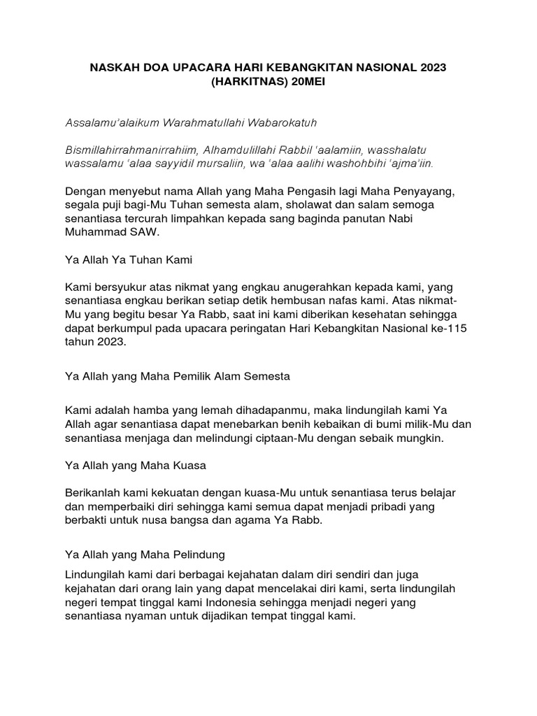 Naskah Doa Upacara Hari Kebangkitan Nasional (Harkitnas) - Masagipedia | PDF