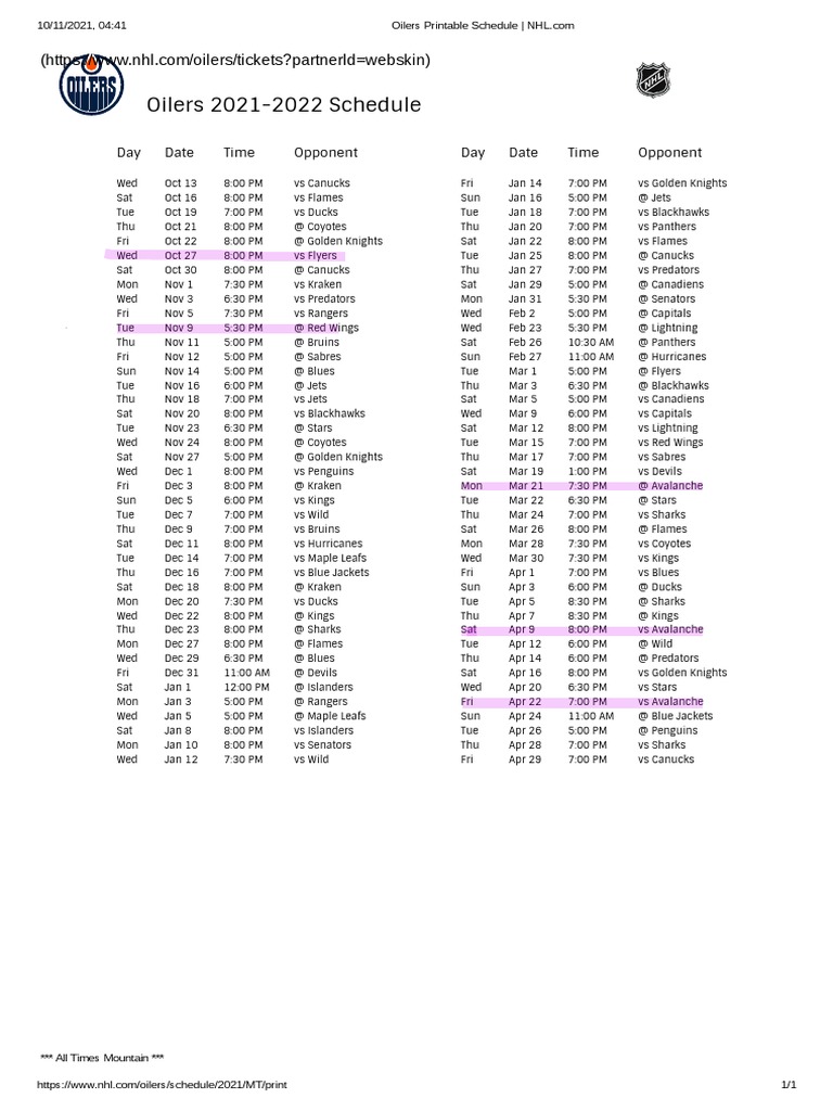 Oilers Printable Schedule | PDF | Chicago Blackhawks | National Hockey ...
