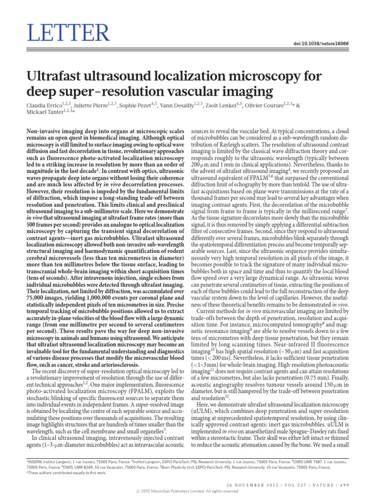 Ultrafast Ultrasound Localization Microscopy For Deep Super Resolution Vascular Imaging Pdf