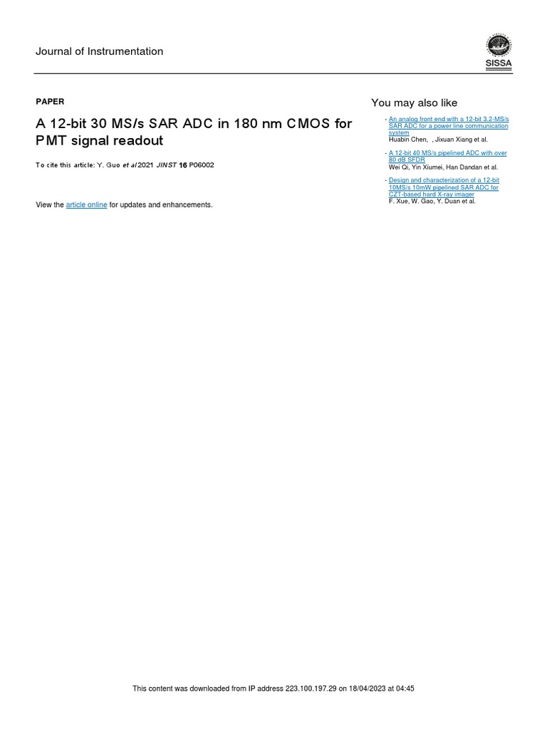 A 12-Bit 30 MSs SAR ADC in 180 NM CMOS For PMT Signal Readout | PDF ...