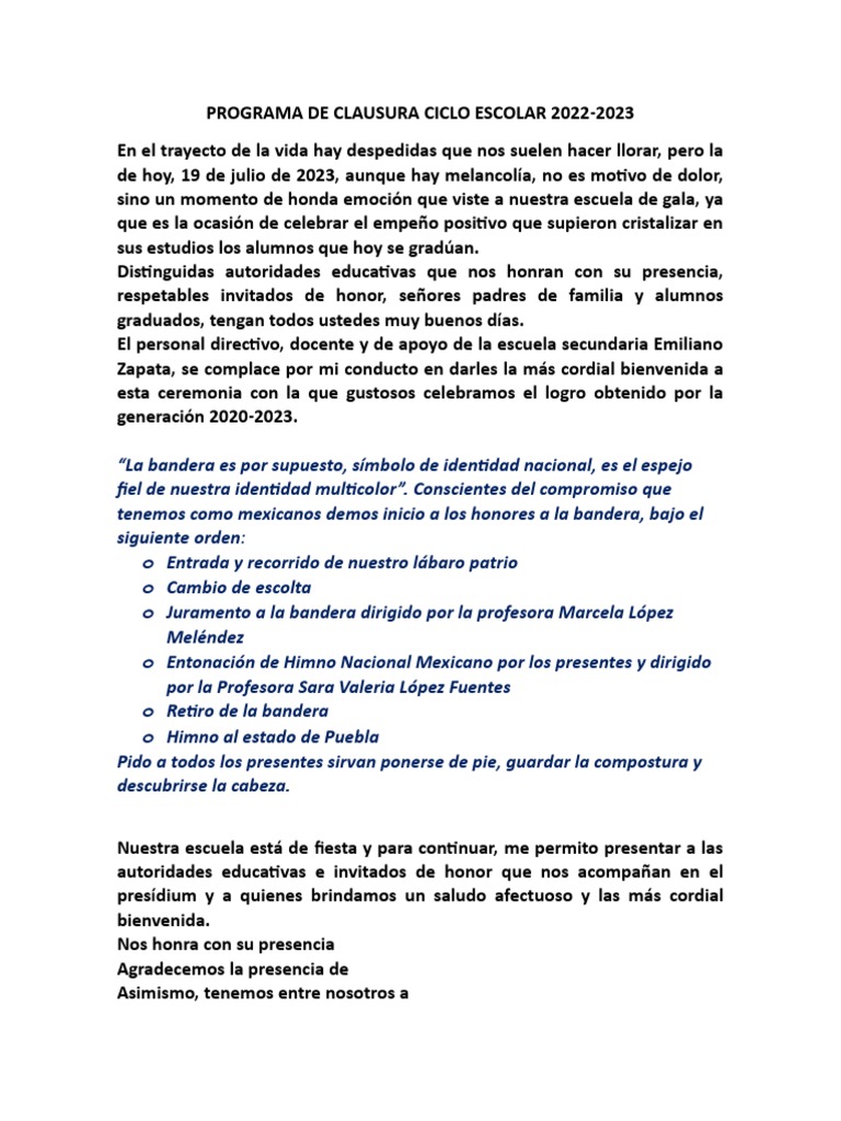 Programa de Clausura 2023 Primaria | PDF