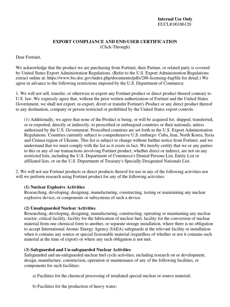 Fortinet Export Compliance Certification | PDF | Nuclear Power ...