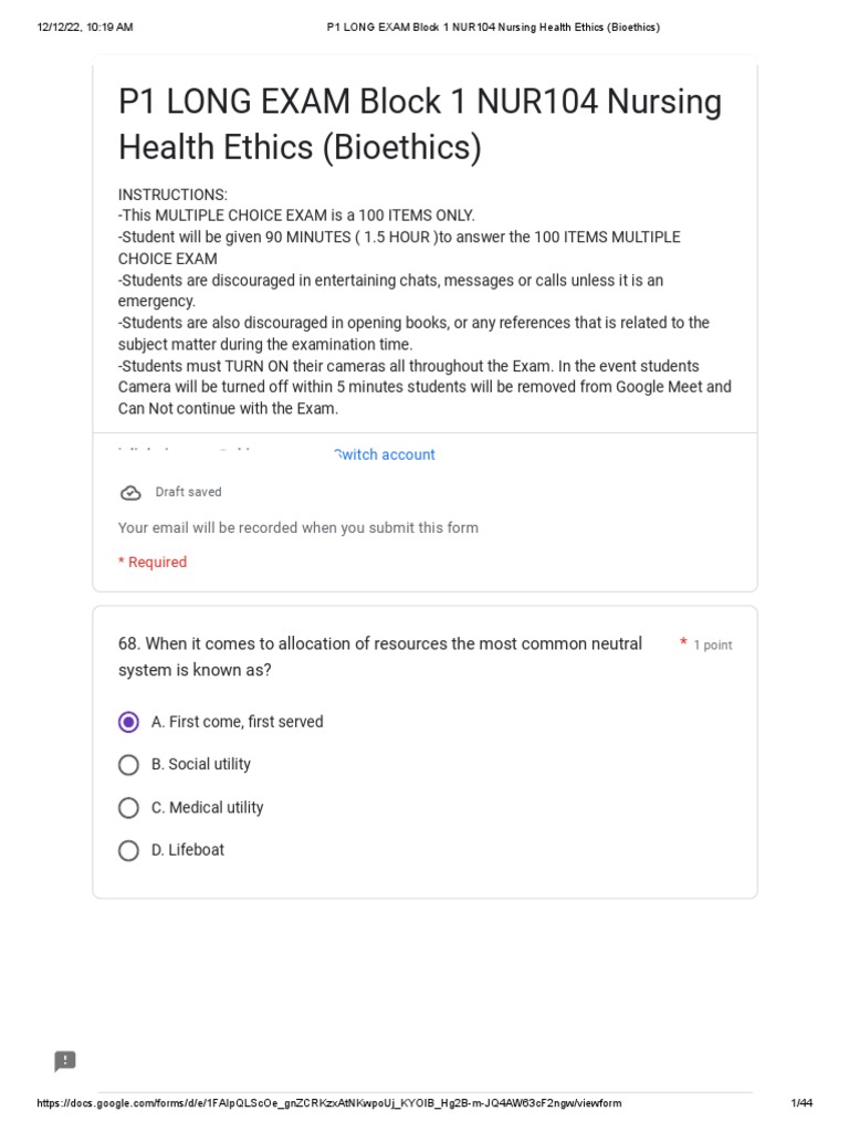P1 LONG EXAM Block 1 NUR104 Nursing Health Ethics Bioethics | PDF ...