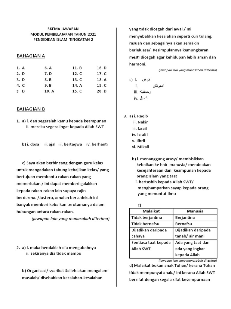 Skema Jawapan Exam Pai Ting 2 2020 | PDF