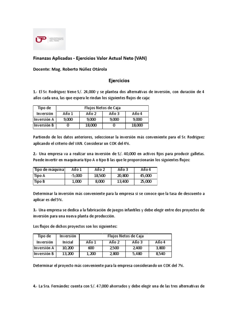 Ejercicios de VAN en Finanzas Aplicadas | PDF | Dinero | Inversiones