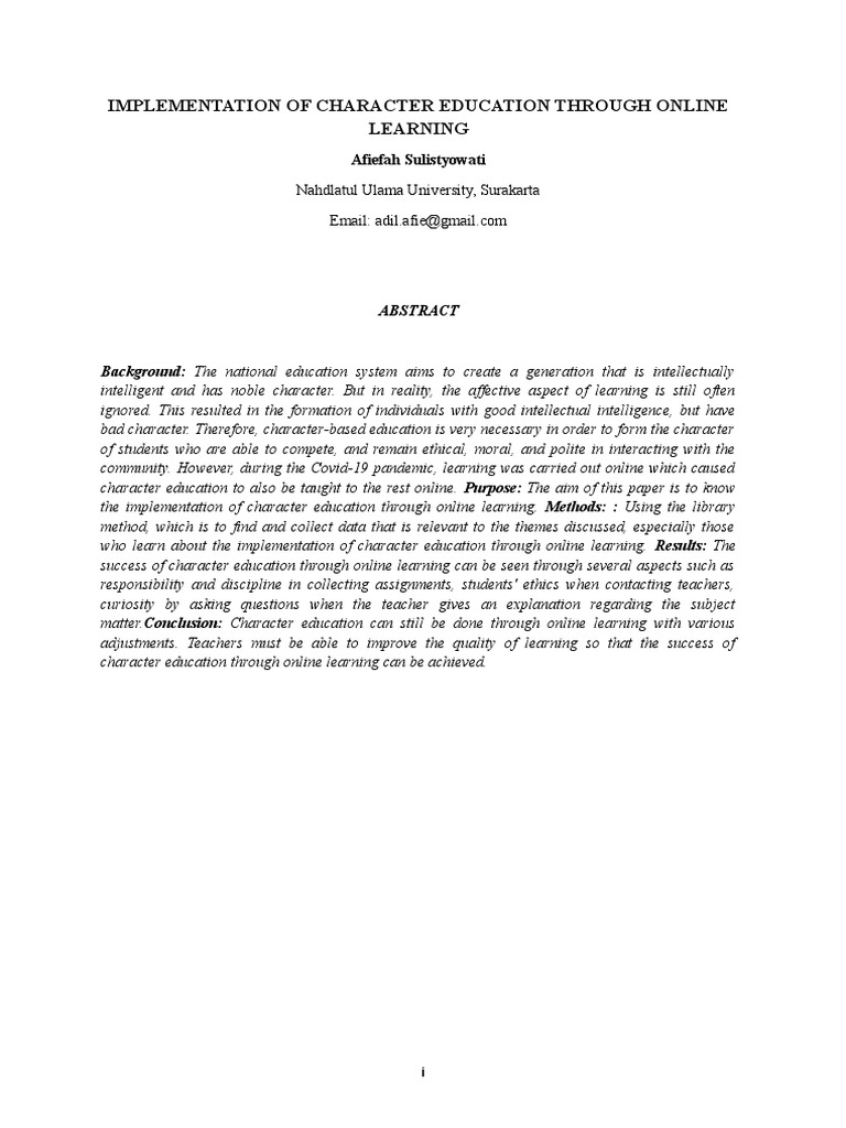 Afiefah Sulistyowati - IMPLEMENTATION OF CHARACTER EDUCATION THROUGH ONLINE LEARNING | Download ...