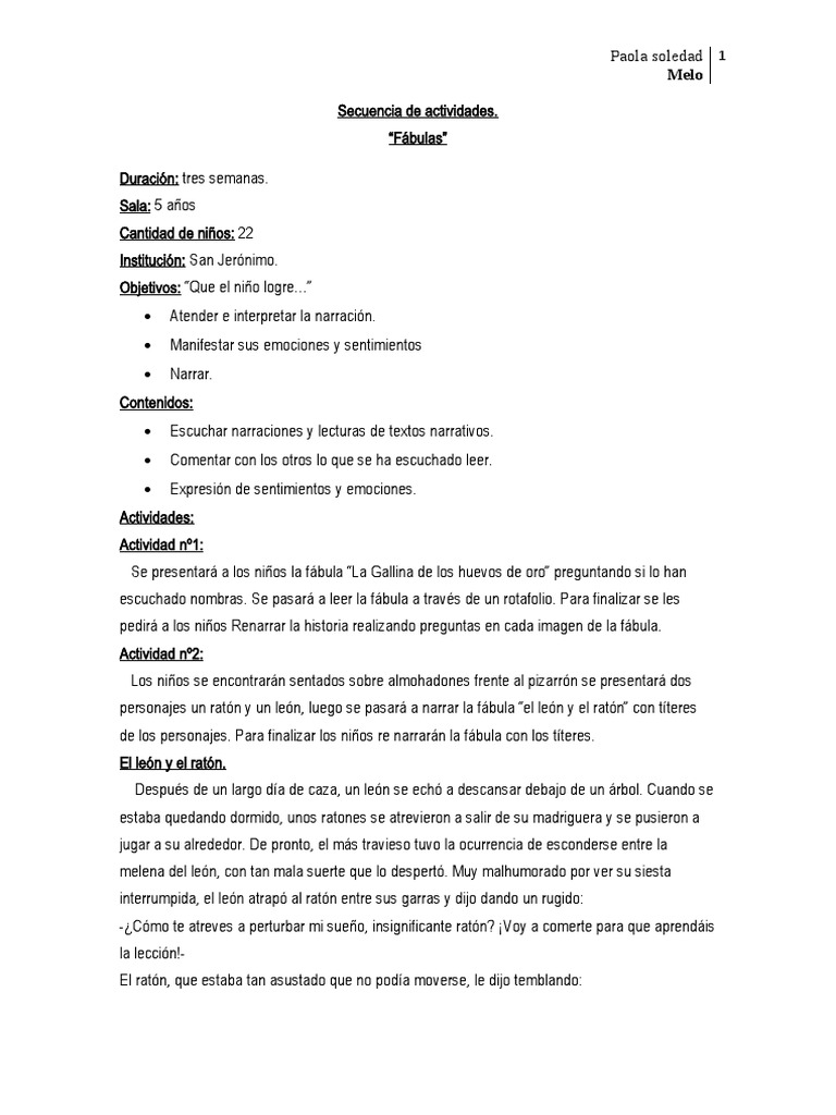 Secuencia de Actividades Fábulas | PDF | León
