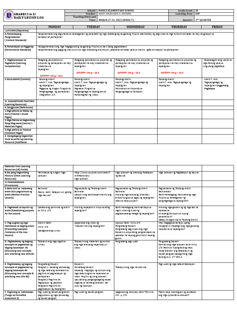 DLL - Esp 3 - Q3 - W7 | PDF