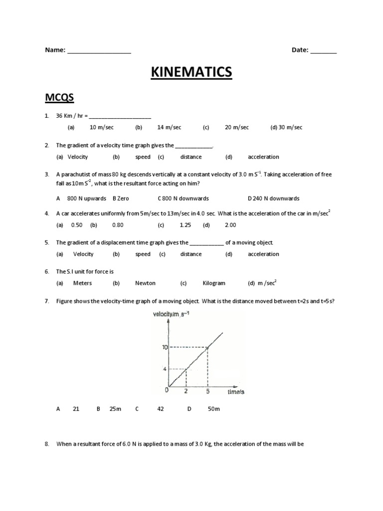 Kinematics MCQs and Problems Worksheet | PDF | Acceleration | Velocity
