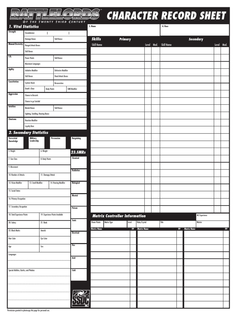 Battlelords of The Twenty-Third Century CH Sheet | PDF