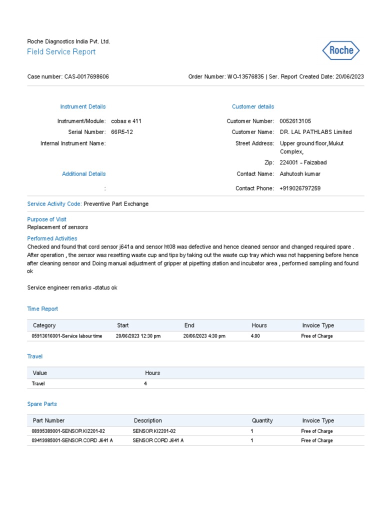Sensors Cobas E411 Waste E411 Changing Report | PDF