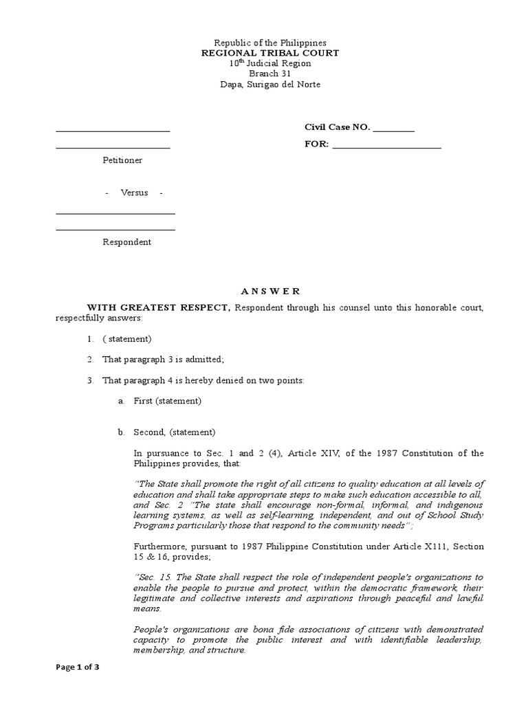 ANSWER GUIDLINES SAMPLE For CUSTOMARY LAWYERS | PDF | Pleading ...