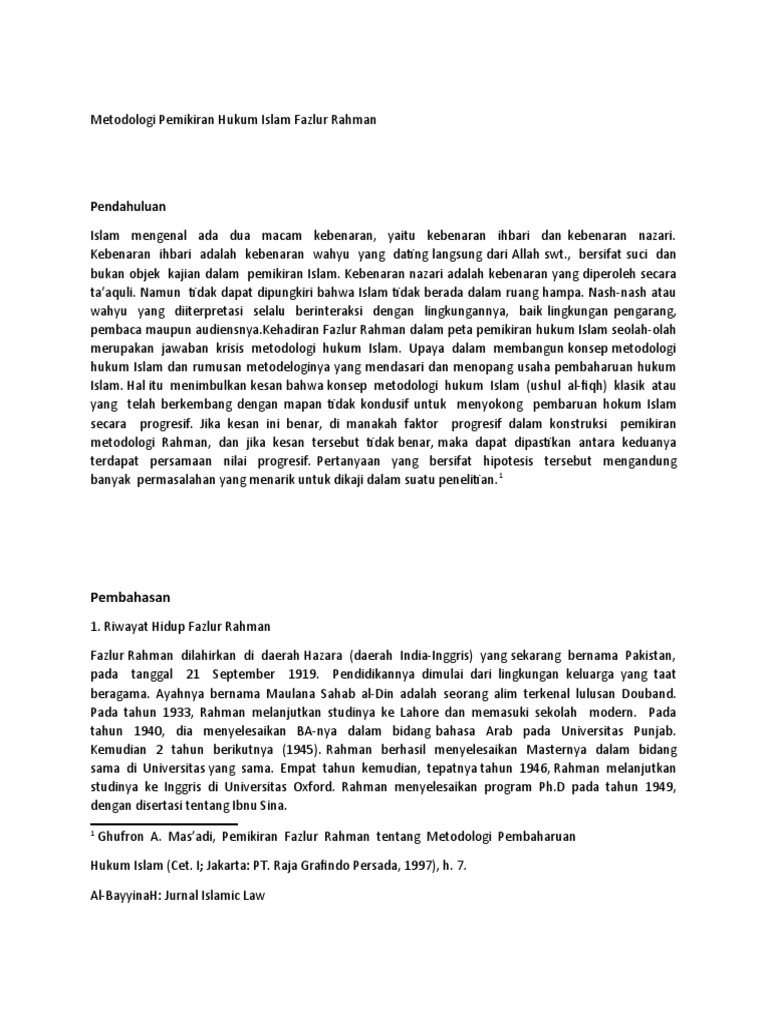 Metodologi Pemikiran Hukum Islam Fazlur Rahman | PDF