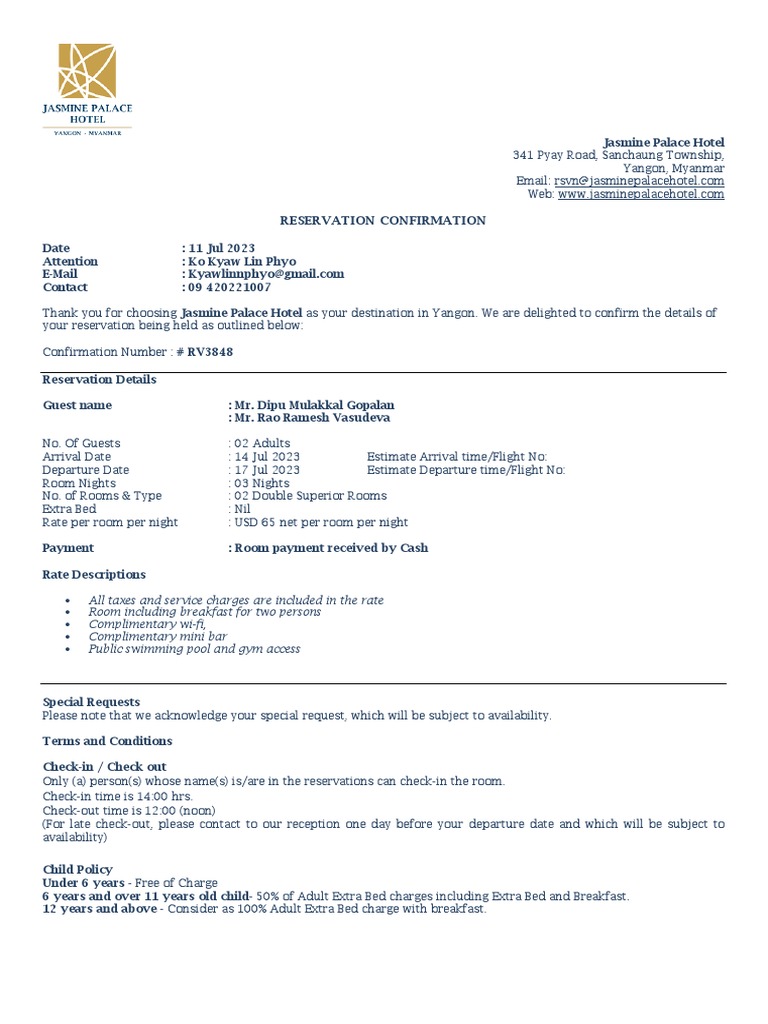 JPH#RV3848#Confirmation (14-17 Jul) Mr. Dipu Mulakkal Gopalan + 1 Pax | PDF | Credit Card