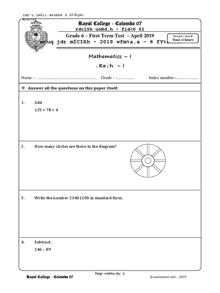 Royal College Grade 06 Mathematics First Term Paper English Medium ...