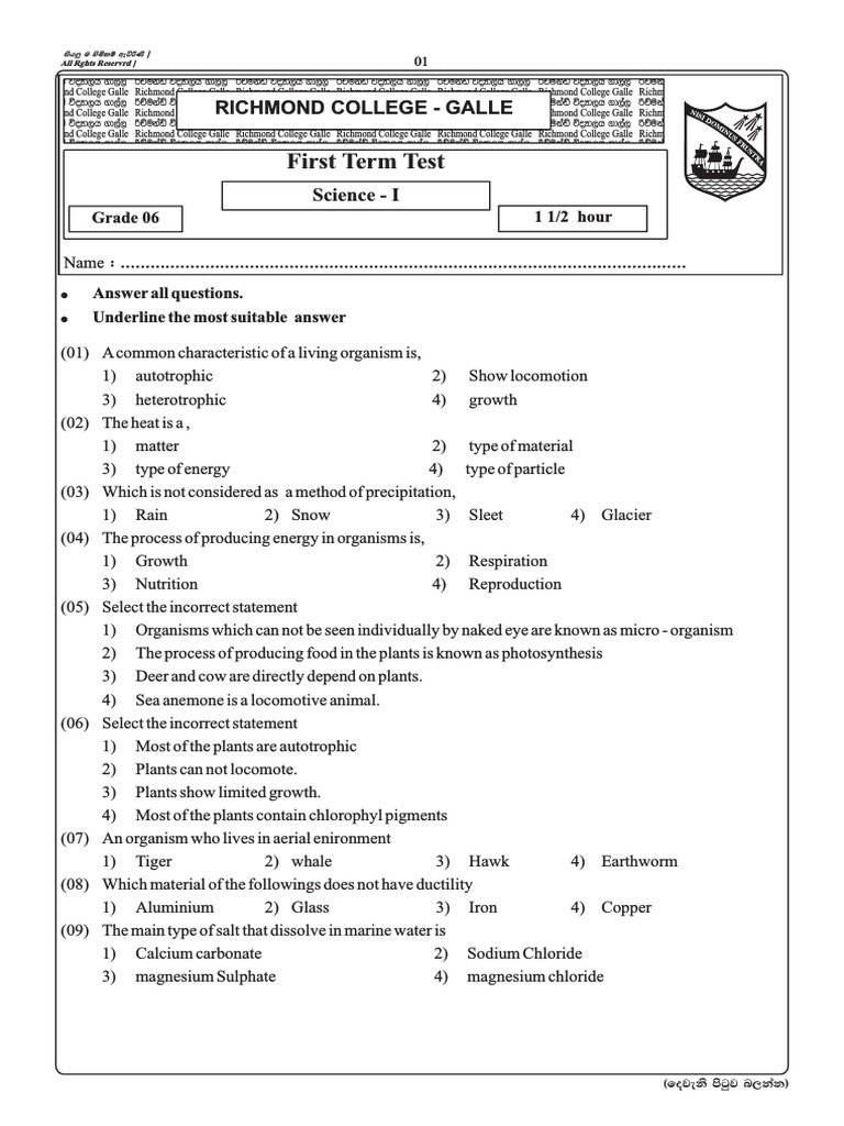Grade 6 Science First Term Test Papers | PDF | Social Science | Foreign ...