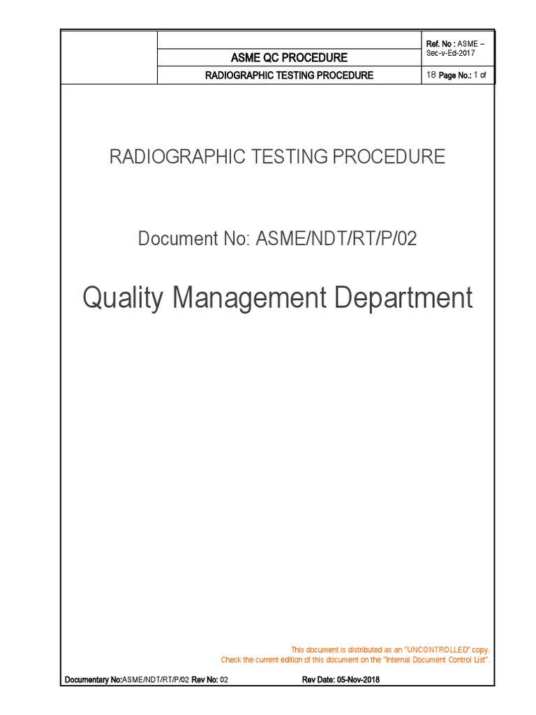 Radiogrpahic Testing Procedure Asme | PDF | Nondestructive Testing ...