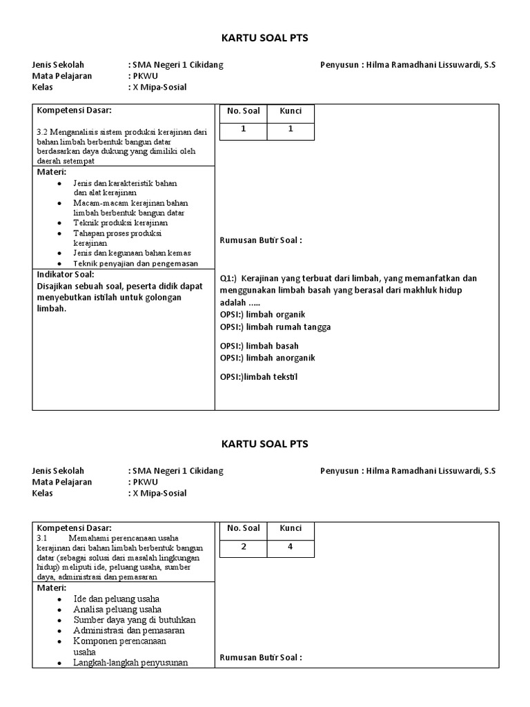 Kartu Soal PTS Pkwu 2122 | PDF