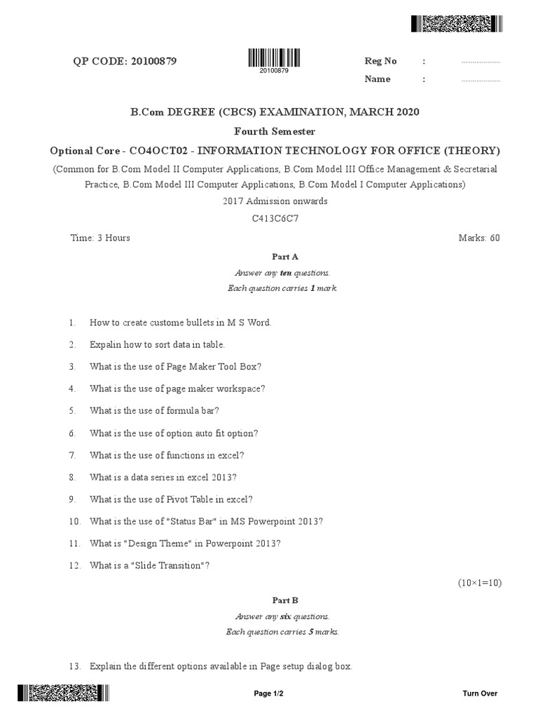 Bcom 4 Sem Information Technology For Office Theory 20100879 Mar 2020 | PDF | Microsoft Excel ...